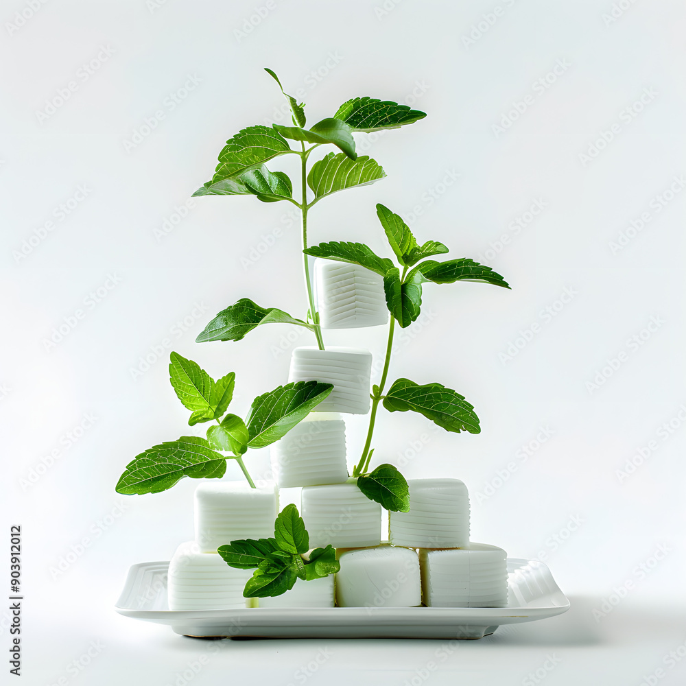 table with stevia and aspartame sweeteners stacked. concept sweeteners ...