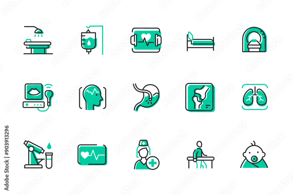 Medical examination and illness - set of line design style icons ...