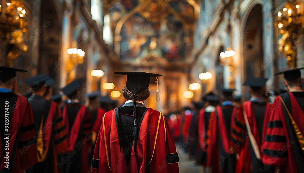 Elegant graduation ceremony in grand hall, graduates in traditional ...