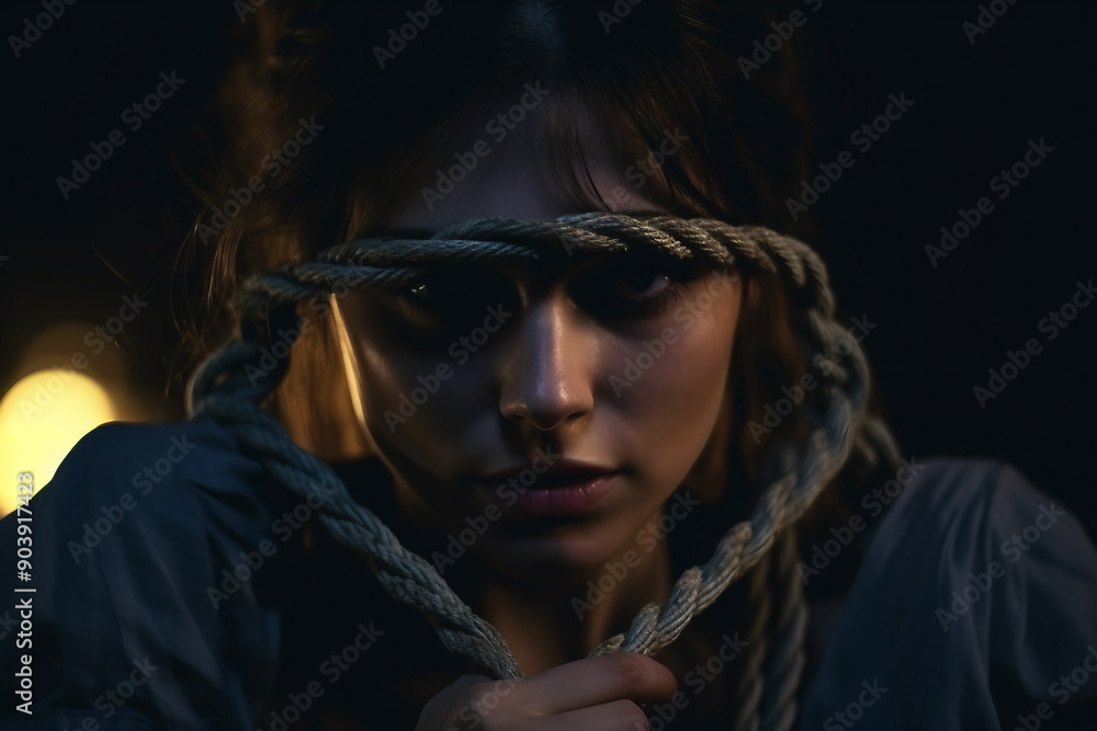 Generative AI conceptual image photo hostage prisoner person in cage bars chains captive slavery ...