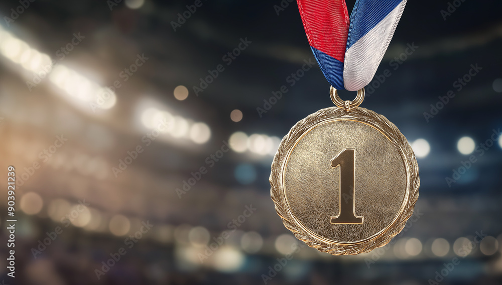 Highlight for a gold medal with a stadium scene in the background ...