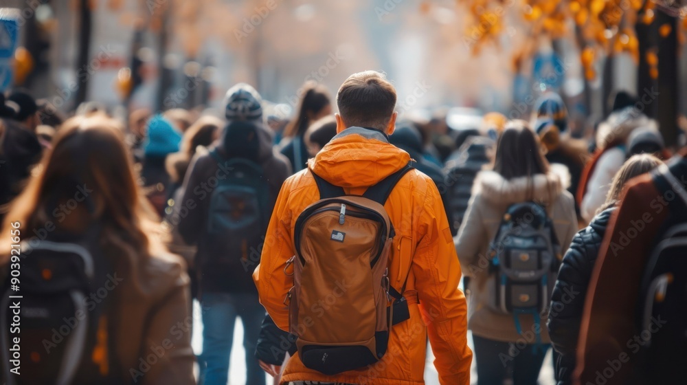 A large crowd of people walking down a street. The man in the orange ...