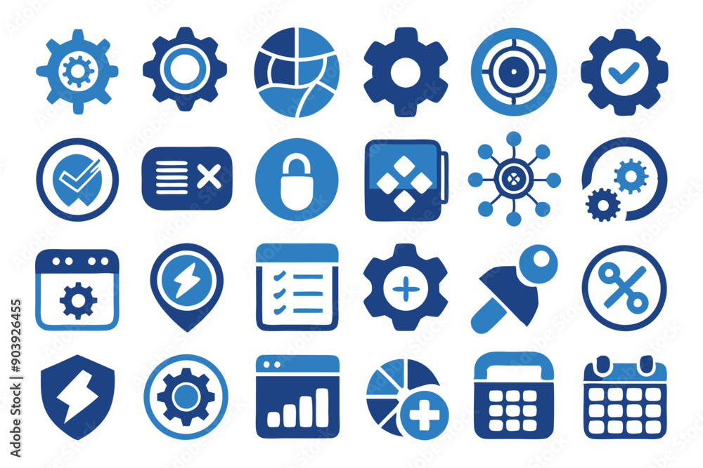Set of setting and setup icons in blue and white, perfect for ...