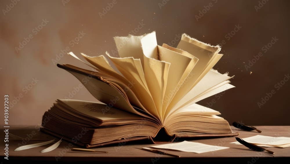 Unveiling Centuries of Wisdom: A weathered tome, its aged pages fanning ...