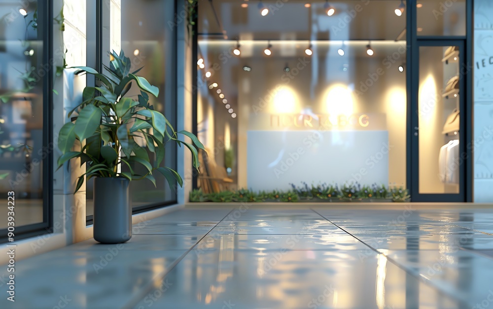 Chic boutique storefront with natural light, blurred background, bottom ...