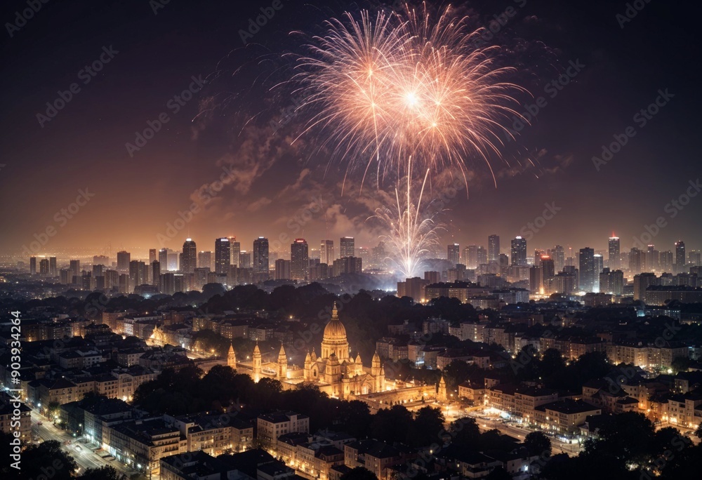 diwali fireworks are seen from a rooftop with a city skyline in the ...