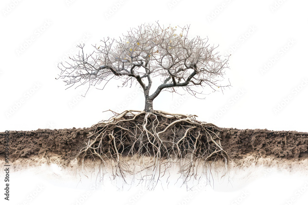 Tree structure with root system going deep into the ground, soil cross ...