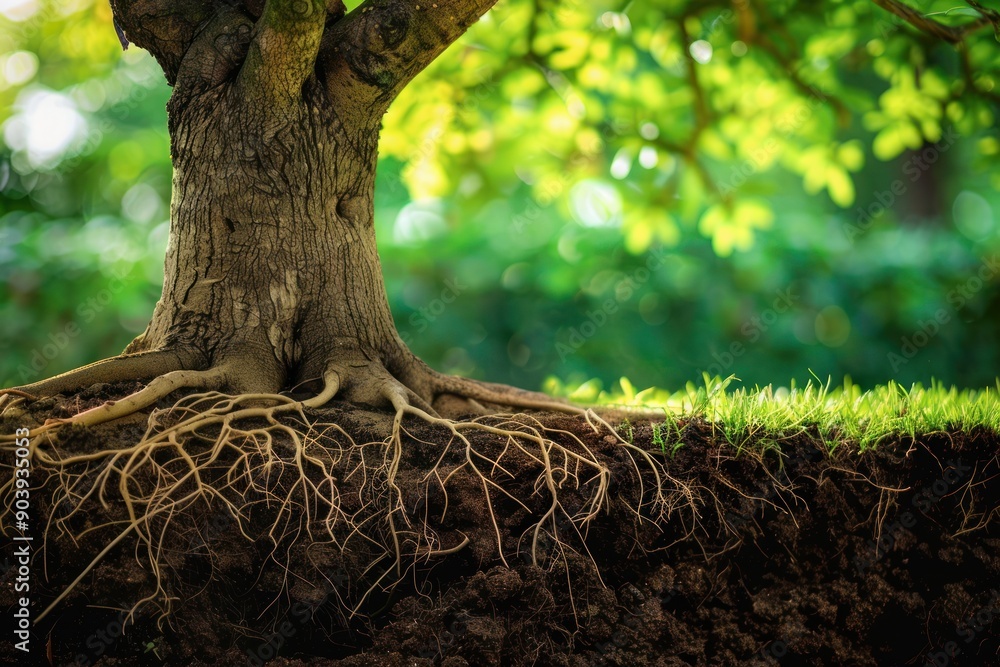 Tree structure with root system going deep into the ground, soil cross ...