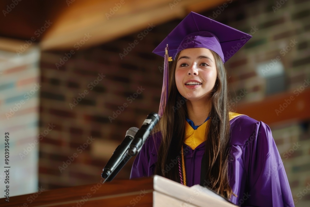 Foto de Valedictorian student giving a speech at graduation ceremony ...