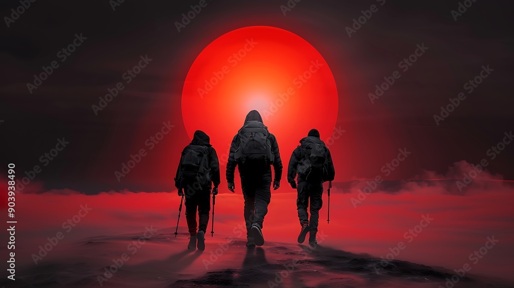 A group of hikers walking towards the camera, with an apocalyptic red ...