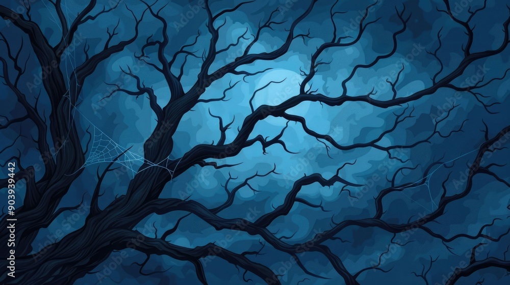 Cobweb covered tree silhouette with gnarled twisted branches against a ...