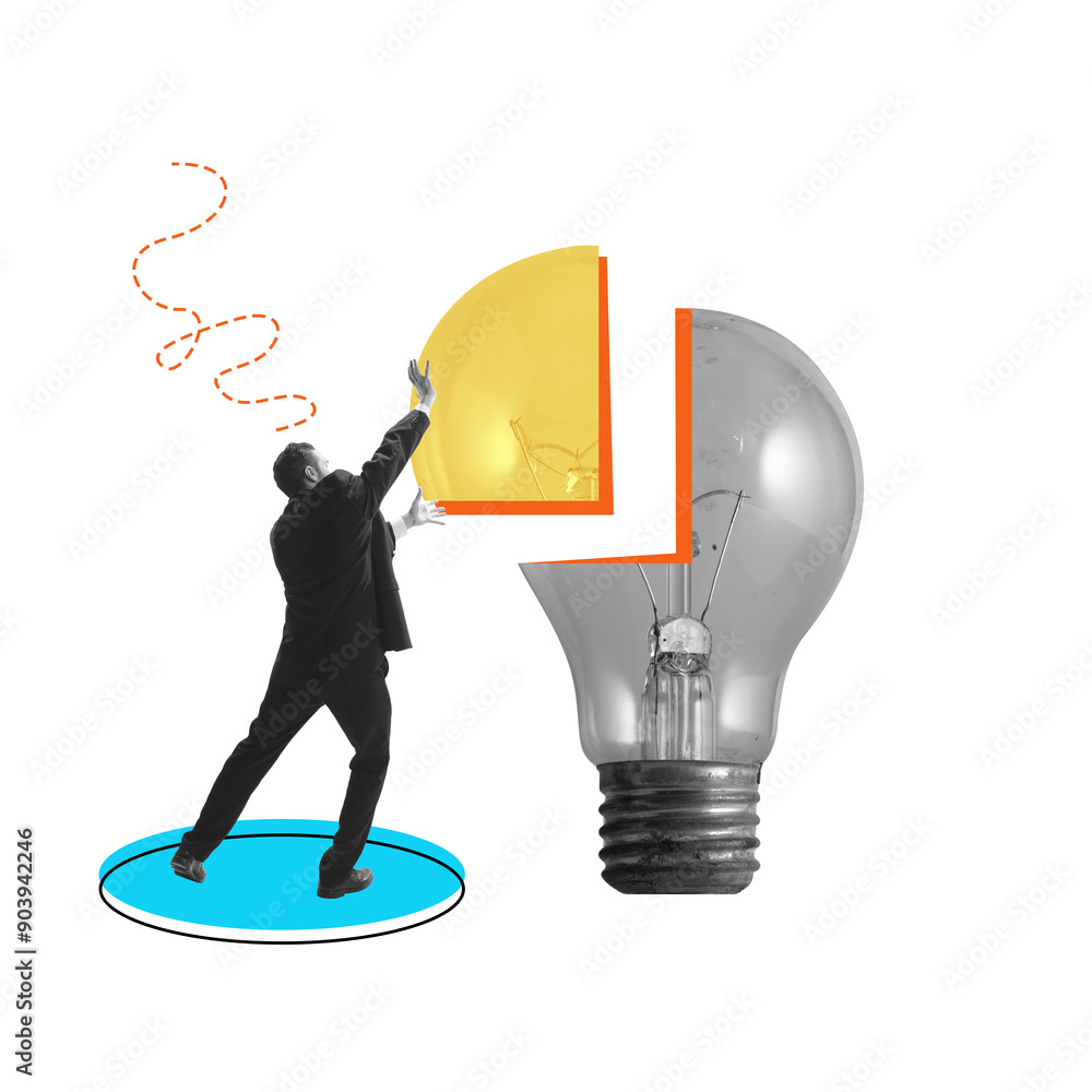 Man placing a missing part into a light bulb. Filling gaps, bringing ...