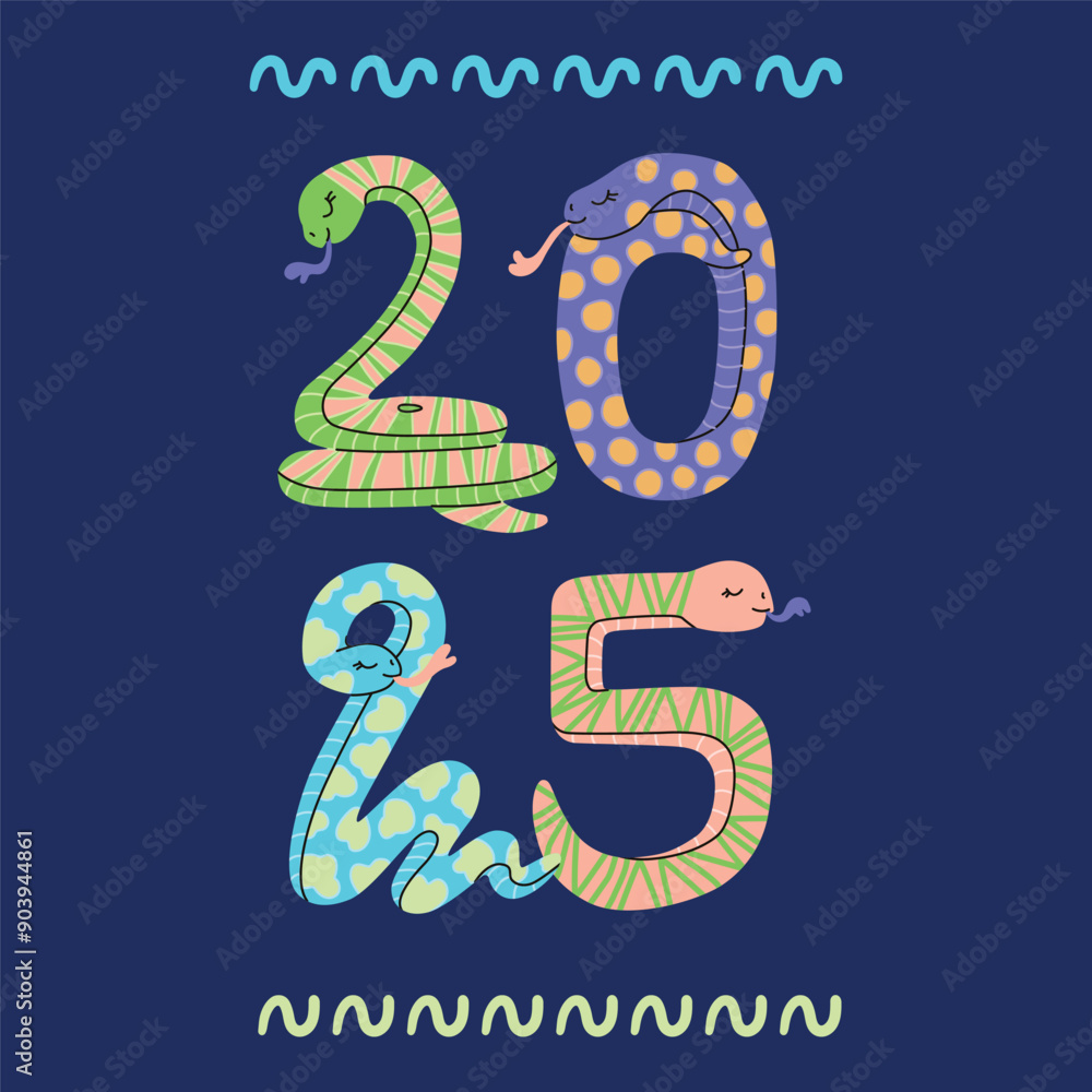 Cute New Year 2025 symbol snake modern hand painted illustration banner ...