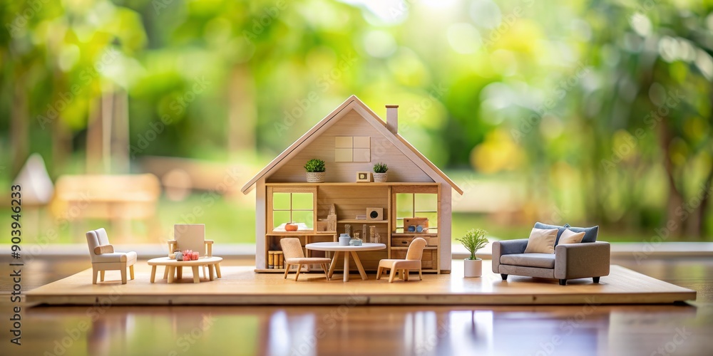 Miniature model of a house on a table with a serene background ...