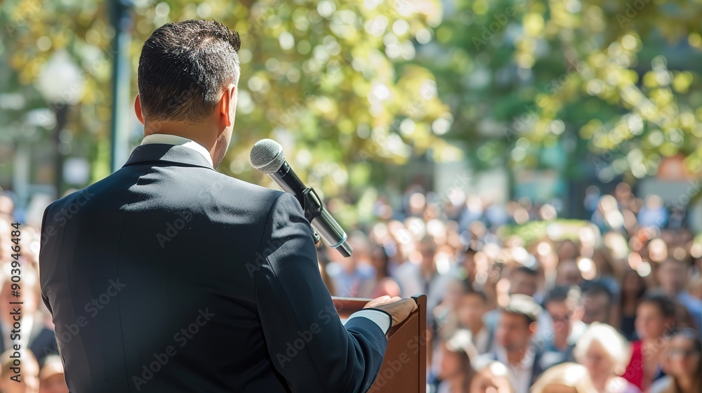 Man in Suit Giving Speech from Podium on Outdoor Stage with Crowd ...