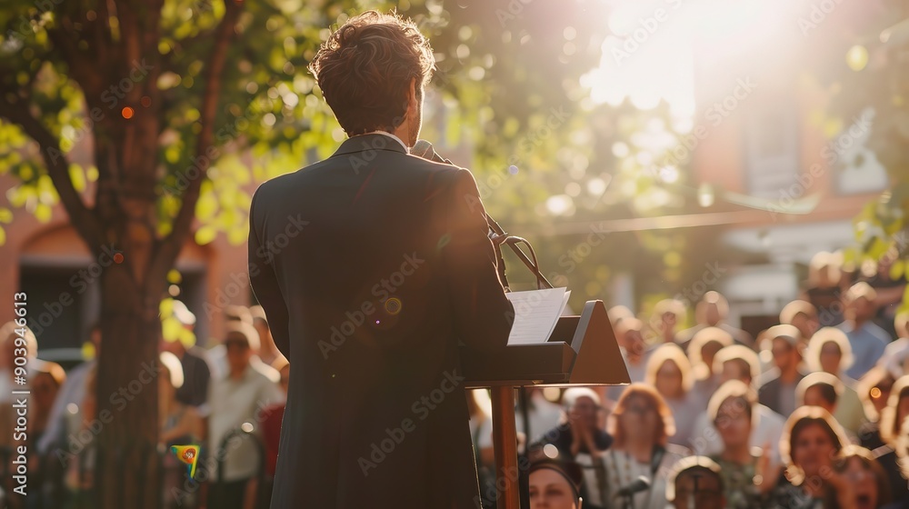 Man in Suit Giving Speech from Podium on Outdoor Stage with Crowd ...