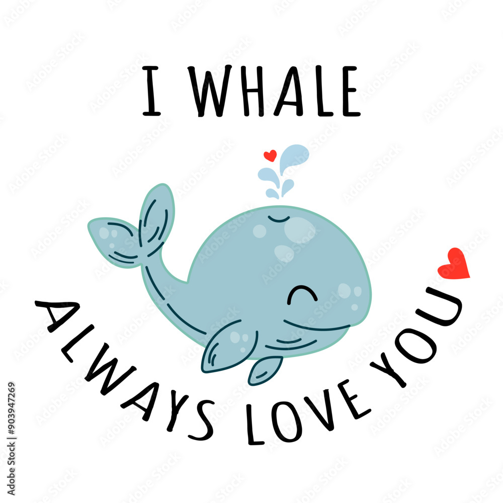 Cute kawaii whale flat design. Adorable little blue whale vector ...