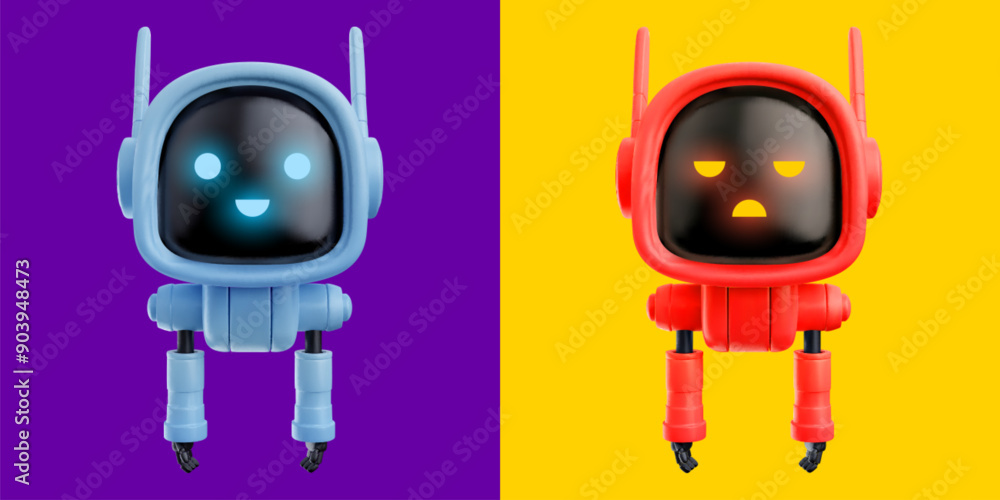 Happy and sad robot in realistic 3d style. Set of cute cartoon ...