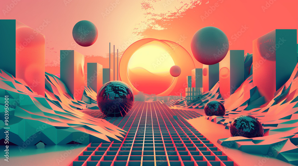 Y2K landscape wallpaper with abstract cityskape at the dusk and 3d ...