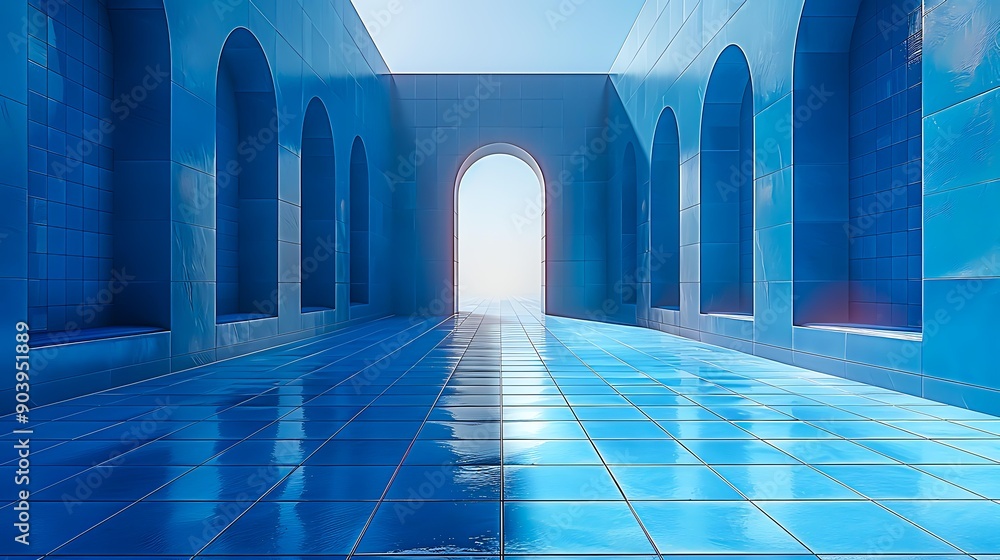 A modern, open-air atrium with bright blue tiled walls and floor ...