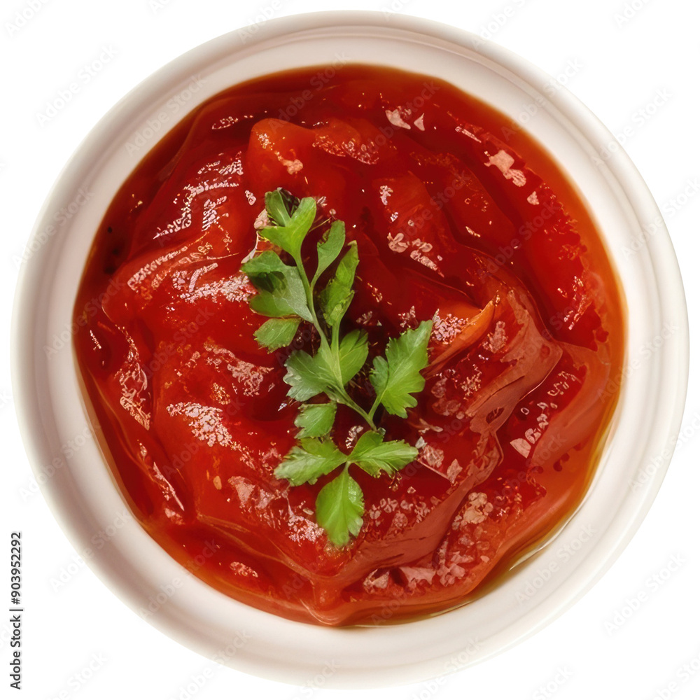 round saucer with ketchup sauce, top view, sauce for meat, fish and ...