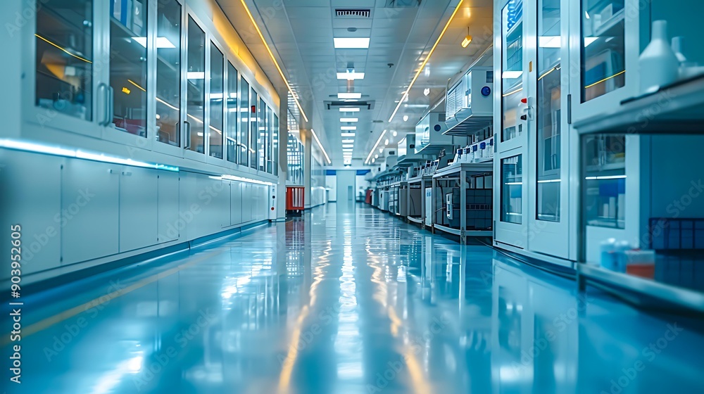 A modern, brightly lit laboratory corridor with clean reflective floors ...