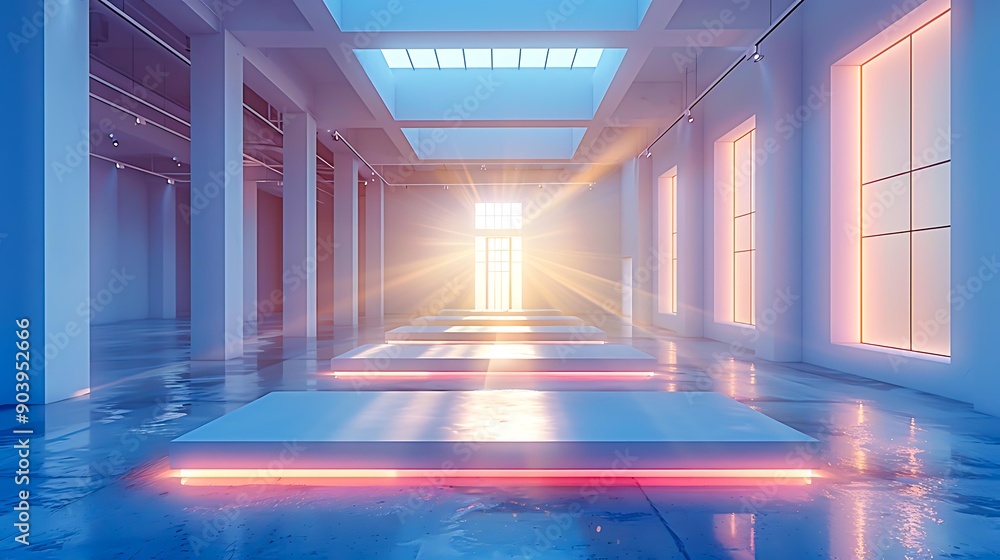A modern open-space interior with glowing platforms and ambient ...