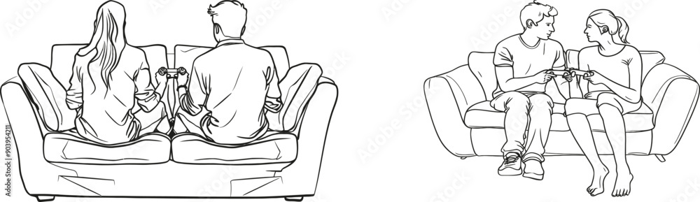 Drawing of young couple playing computer games on gaming console and ...