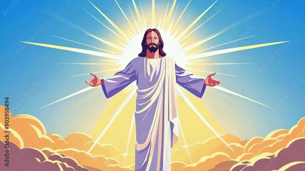 jesus christ in blue sky, with sun rays and halo flat design animation ...