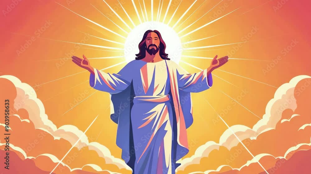 jesus christ in blue sky, with sun rays and halo flat design animation ...