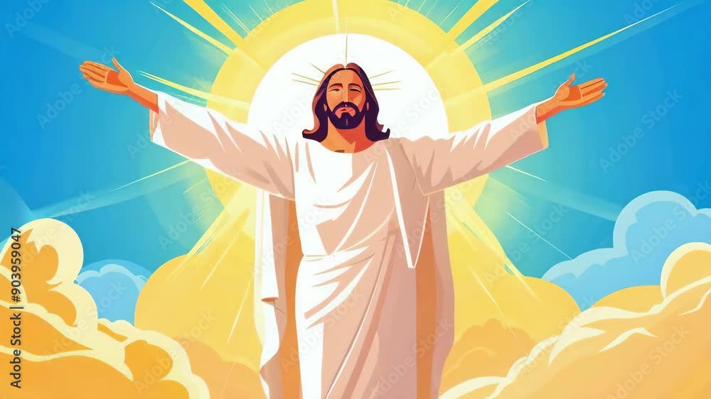 jesus christ in blue sky, with sun rays and halo flat design animation ...