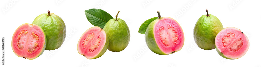 Pink guava fruits isolated on transparent white background whole and ...