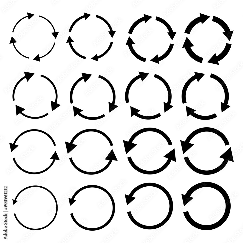 Circular arrow icons. Black recycle symbols. Set of sixteen vector elements. Cycle and loop ...