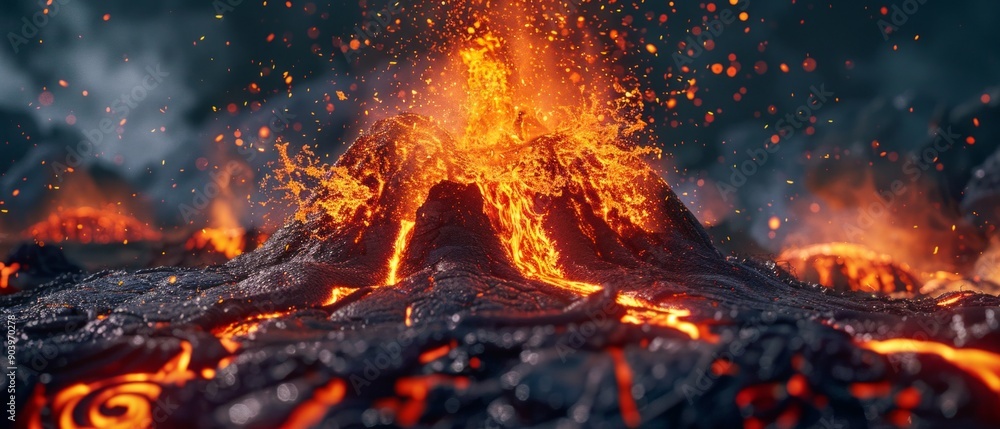A volcanic eruption at night, showing intense heat and power. Lava and ...
