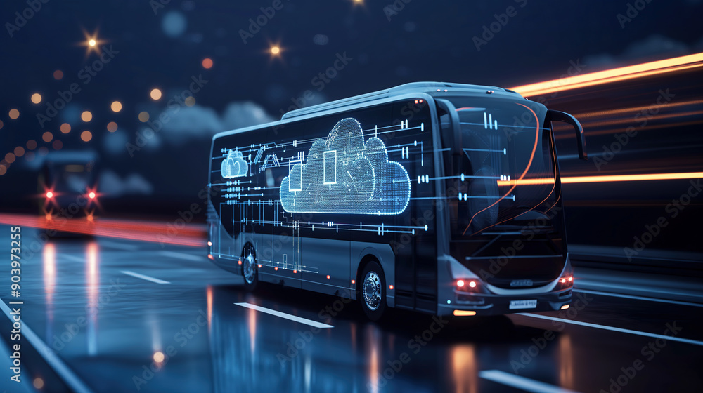 Autonomous driving bus driving on city road, concept of autonomous ...