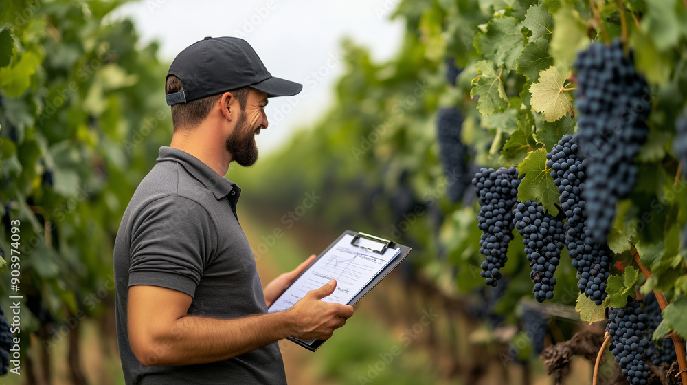 happy vineyard manager inspecting grapes from behind with vineyard ...
