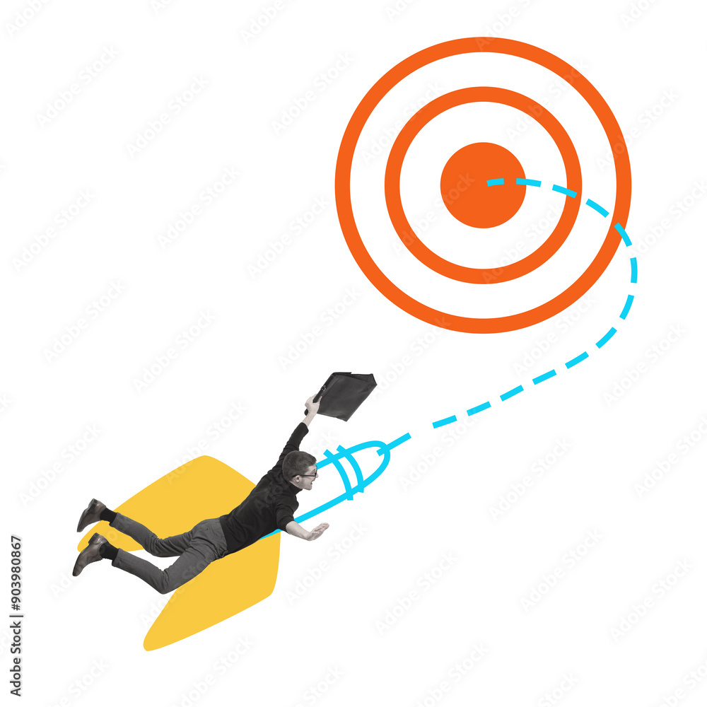 Businessman flying on racket and reaching giant target, symbolizing ...