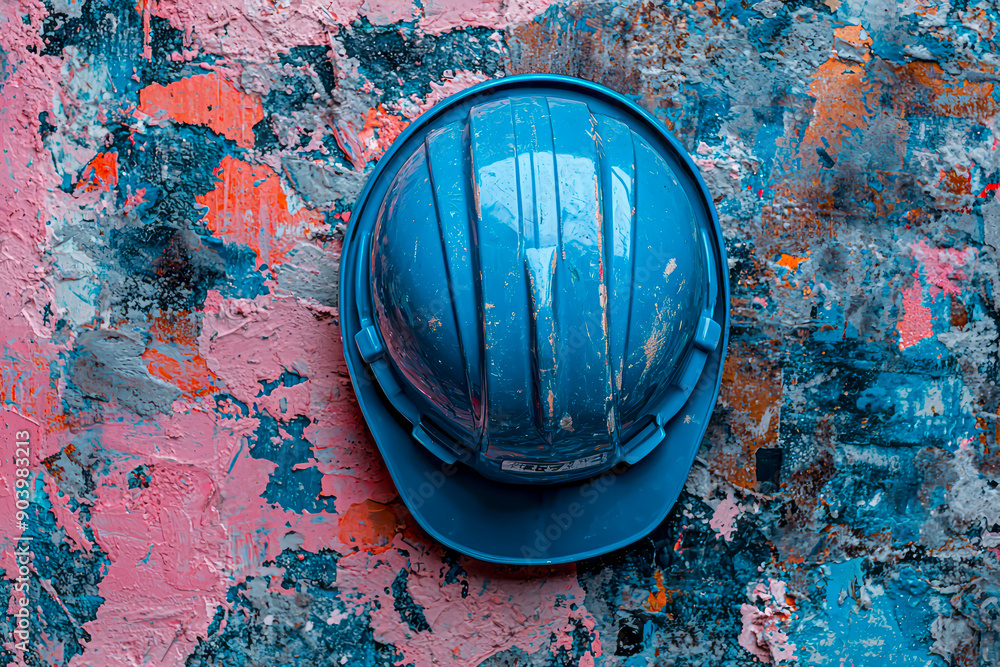 Overhead shot of blue construction helmet on vibrant background ...
