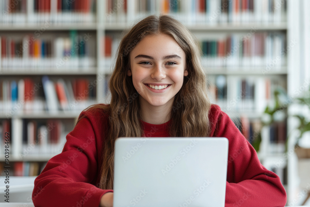 Australian student girl happy study using laptop at school library ...