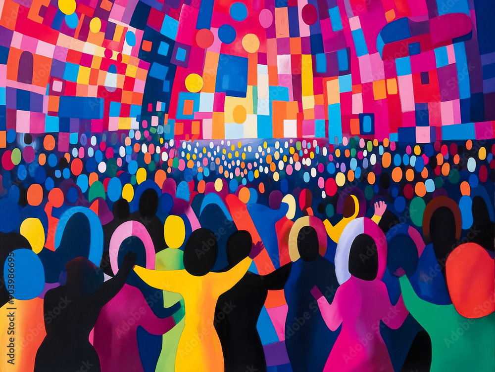 A painting of a crowd of people with many different colors. The ...