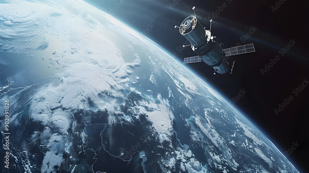 Space Satellite Flies Across the Vast Expanse of Space. Observing the ...