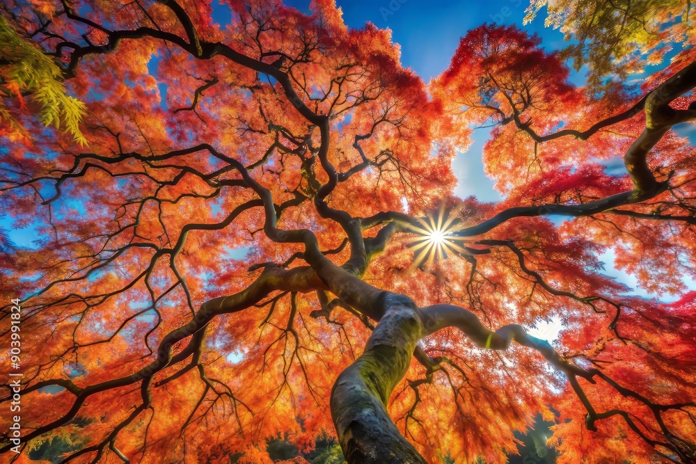Vibrant red maple leaves cascade down the twisted branches of a ...