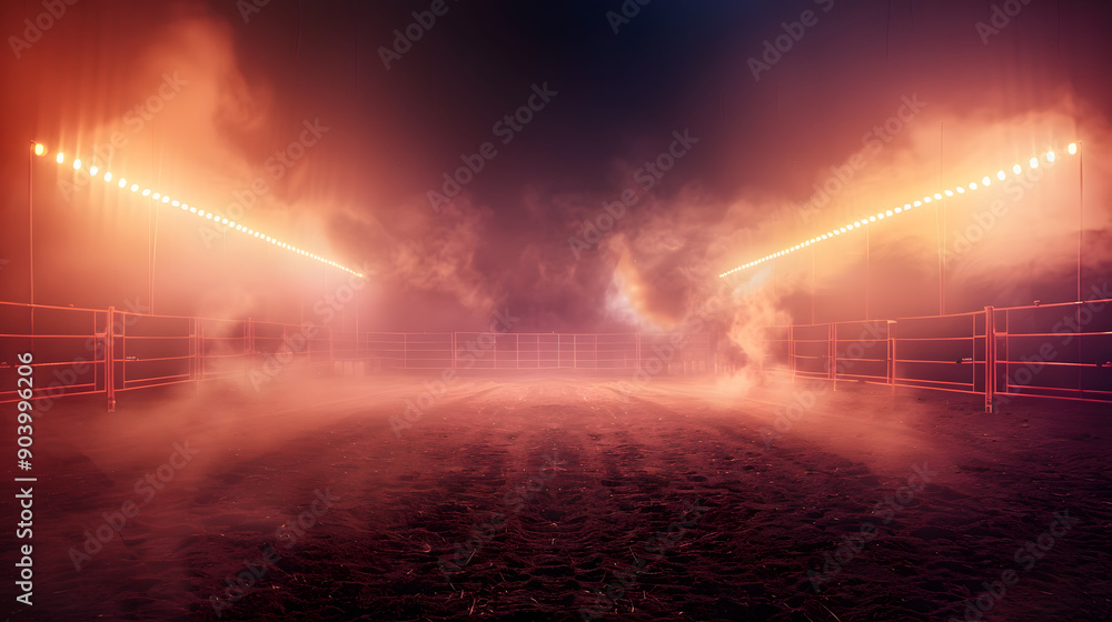 desolate rodeo arena illuminated by bright lights and lingering smoke ...