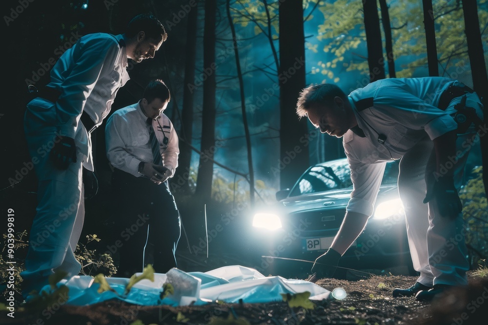 Murder scene in forest Detectives and forensics on murder crime scene ...