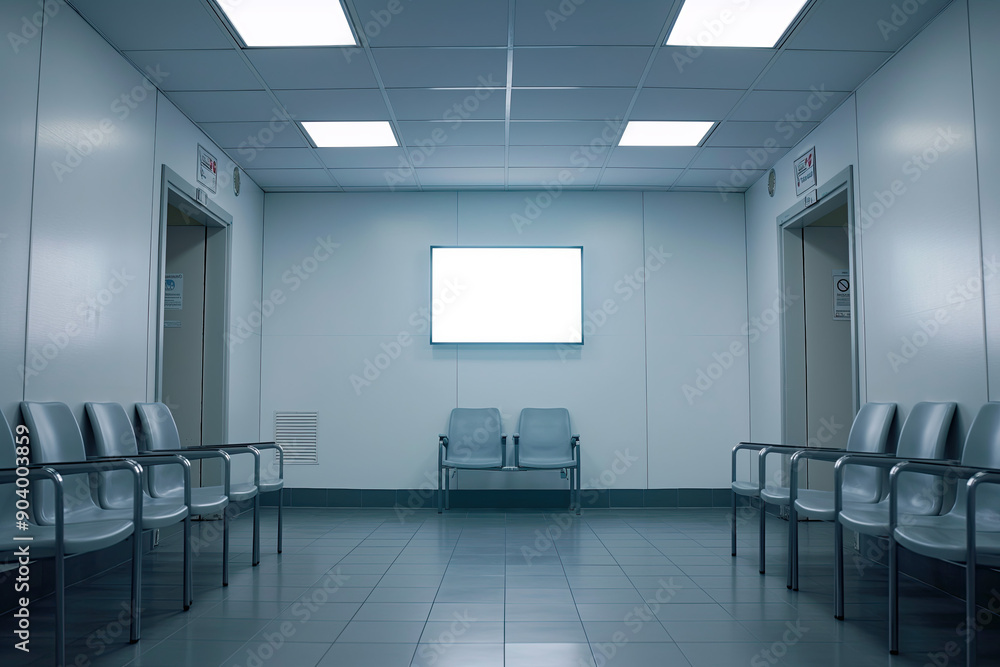 interior design, empty waiting room with white tv screen in the middle ...
