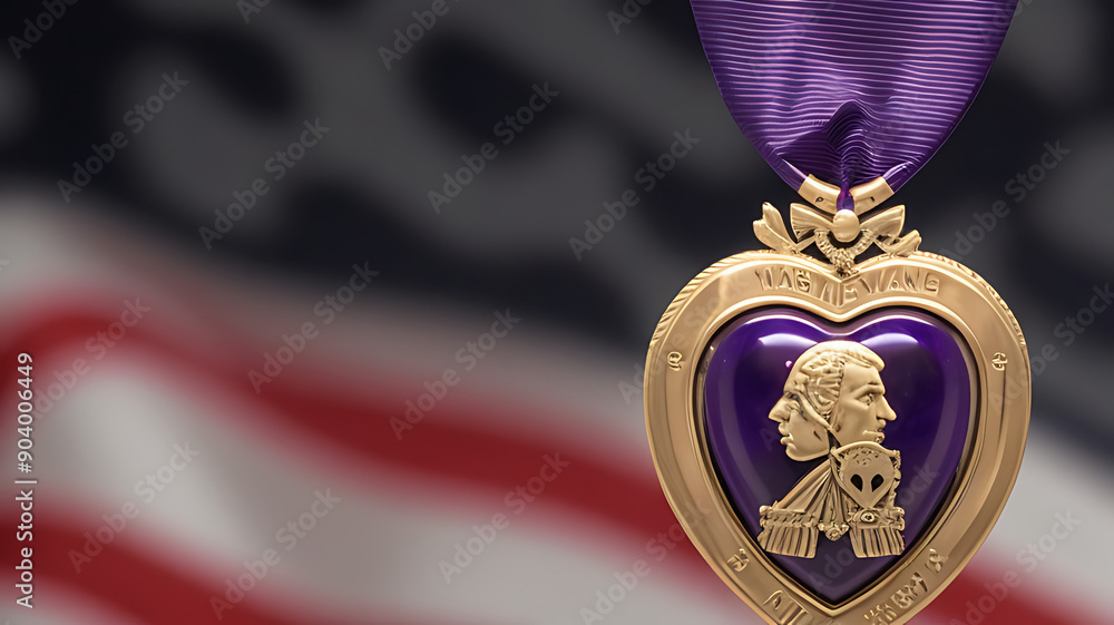 The Purple Heart medal, featuring a purple ribbon and a heart-shaped ...