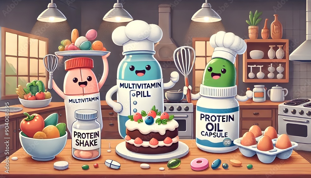 Cartoonish protein pill, fish oil, and multivitamin characters in a gym ...
