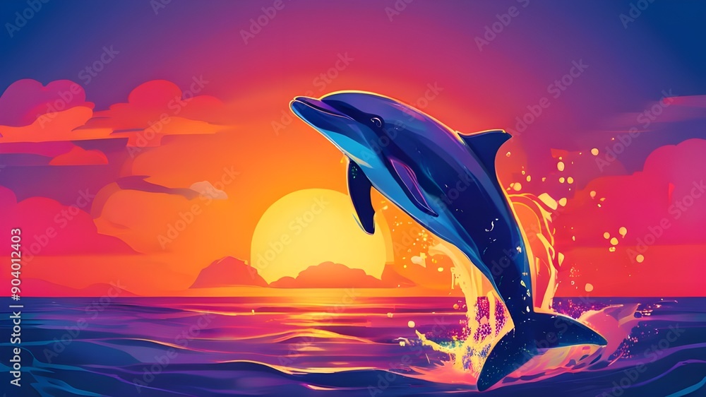 illustration of a dolphin jumping out of the sea, Cartoon illustration ...