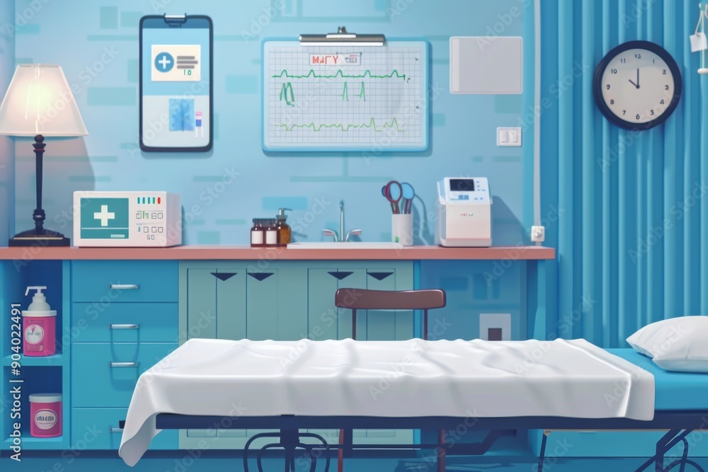 Hospital room with medical bed and equipment representing clinical ...