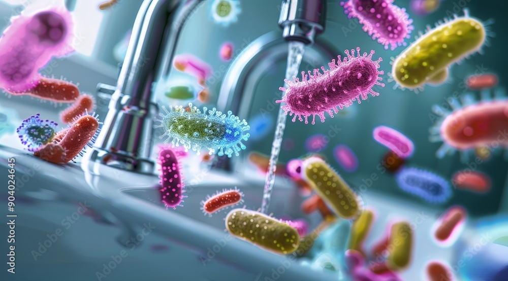 Beware of Bathroom Germs - Microscopic Bacteria on Sink Faucet with ...